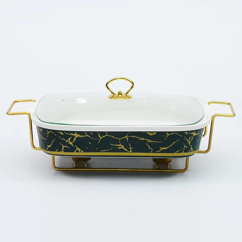 HONHPD 3PCS Rectangular Porcelain Casserole Warming Trays for Food, Ceramics Chafers, and Buffet Warmers Sets, Ceramics Chafing Dish Buffet Set, Green Marble Finish (11inch.13inch.15inch)