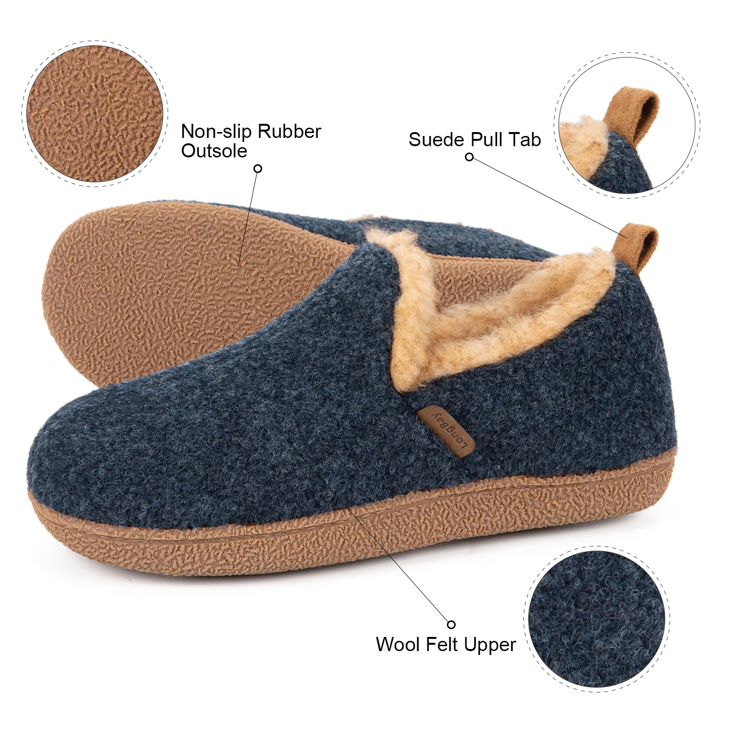 LongBay Women's Felt Bootie Slippers Warm Cozy Memory Foam Slipper Boots with Polar Fleece Lining Non Slip House Shoes Indoor Outdoor Blue, 7-8