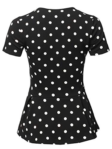 SSOULM Women's Classic Stretchy Short Sleeve Flare Peplum Blouse Top BLACKPOLKADOT L