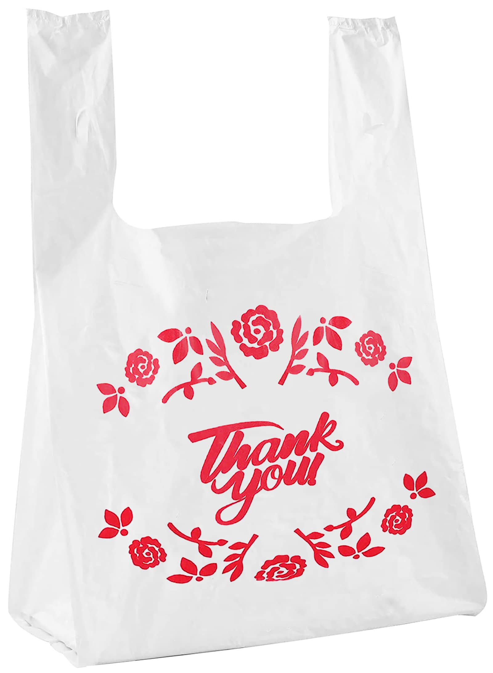 Yesland 500 Ct Plastic Bags, Thank You Reusable Grocery Bag Disposable T-shirts Carryout Shopping Bags, 13 x 7 x 21 Inch, 15 Mic, 0.6 Mil Bulk Shopping Bags for Grocery Retail Restaurant, Red Flower