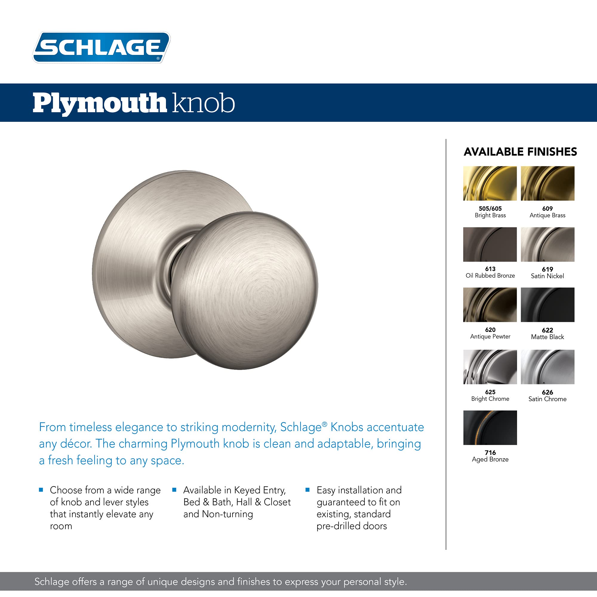 Schlage F40 PLY 605 Plymouth Door Knob, Bed & Bath Privacy Lock, Bright Brass