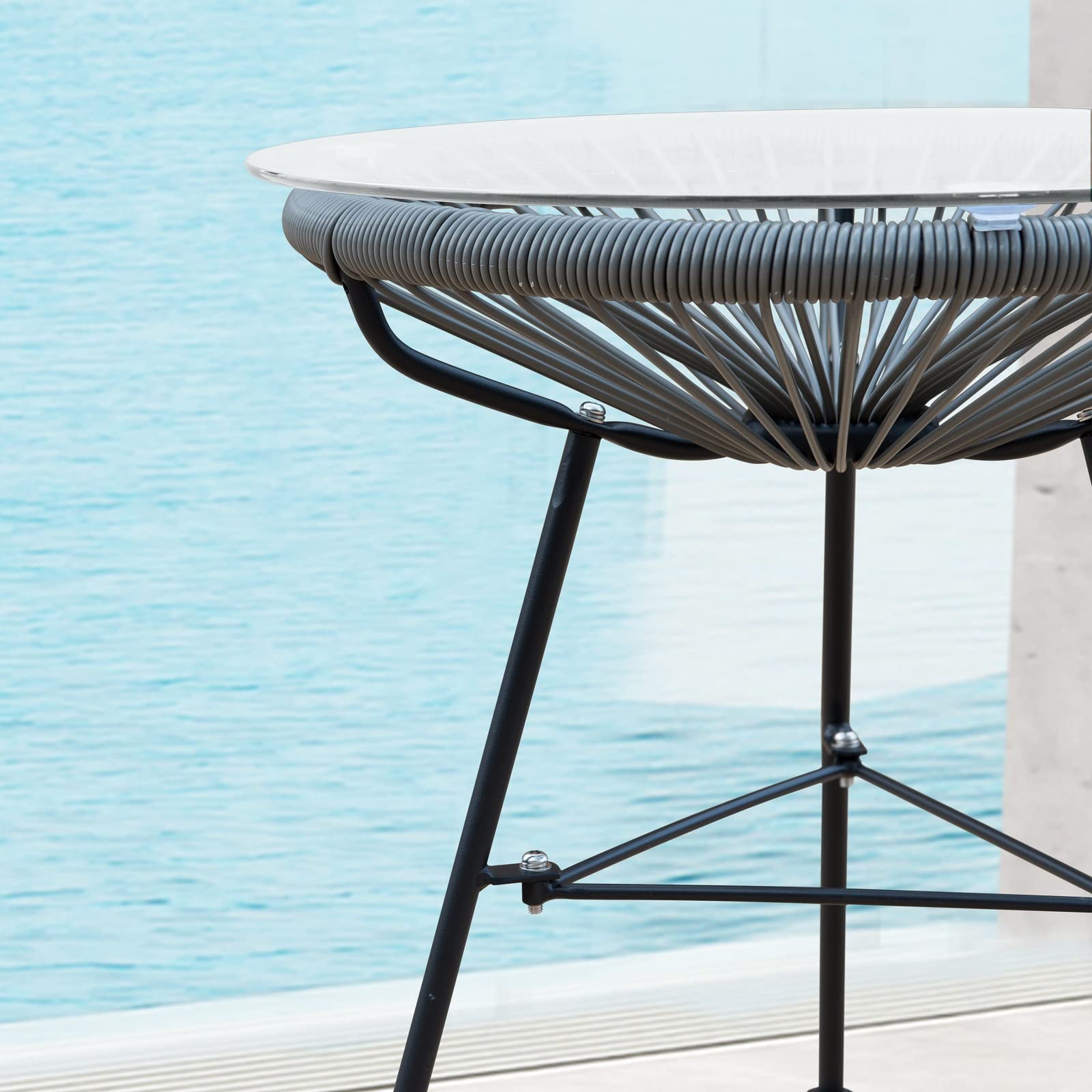 Lepus Rattan Outdoor Side Table, Small Round Wicker Patio Side Table with Glass Top, Weather Resistant Patio End Table for Garden, Balcony, Yard Porch (Dark Grey)