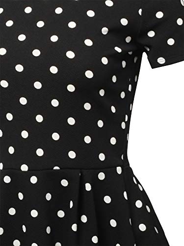 SSOULM Women's Classic Stretchy Short Sleeve Flare Peplum Blouse Top BLACKPOLKADOT L