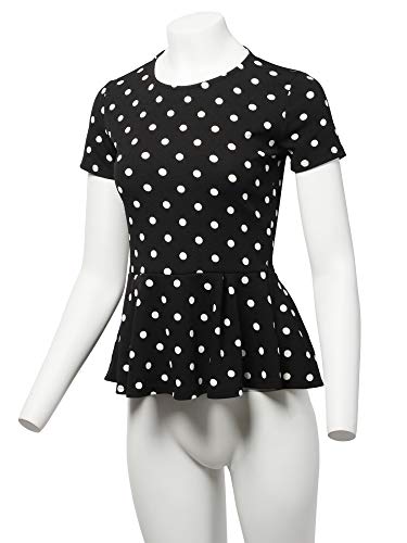 SSOULM Women's Classic Stretchy Short Sleeve Flare Peplum Blouse Top BLACKPOLKADOT L
