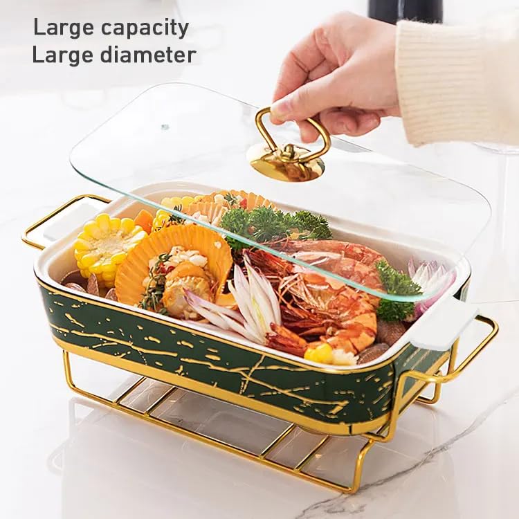 HONHPD 3PCS Rectangular Porcelain Casserole Warming Trays for Food, Ceramics Chafers, and Buffet Warmers Sets, Ceramics Chafing Dish Buffet Set, Green Marble Finish (11inch.13inch.15inch)
