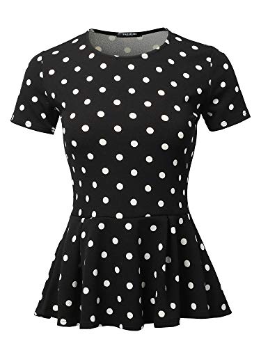 SSOULM Women's Classic Stretchy Short Sleeve Flare Peplum Blouse Top BLACKPOLKADOT L