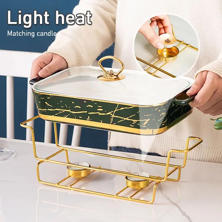 HONHPD 3PCS Rectangular Porcelain Casserole Warming Trays for Food, Ceramics Chafers, and Buffet Warmers Sets, Ceramics Chafing Dish Buffet Set, Green Marble Finish (11inch.13inch.15inch)