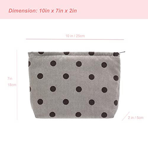 PAZIMIIK Makeup Bag Large Zipper Corduroy Make Up Pouch for Purse Travel Canvas Cosmetic Organizer for Women Brush Storage,Polka Dot Grey