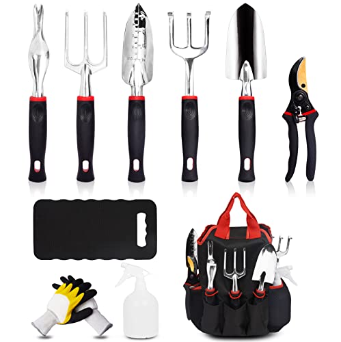 MECHREVO 10 Pcs Garden Tool Set, Sturdy Gardening Tool Set for Beginner and Gardener, with Durable Tote Bag, Comfortable Ergonomic Handle, Ideal Gardening Gift for Women and Men, Easy to Use