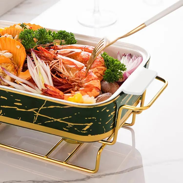 HONHPD 3PCS Rectangular Porcelain Casserole Warming Trays for Food, Ceramics Chafers, and Buffet Warmers Sets, Ceramics Chafing Dish Buffet Set, Green Marble Finish (11inch.13inch.15inch)
