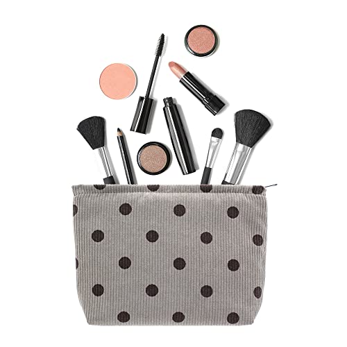 PAZIMIIK Makeup Bag Large Zipper Corduroy Make Up Pouch for Purse Travel Canvas Cosmetic Organizer for Women Brush Storage,Polka Dot Grey