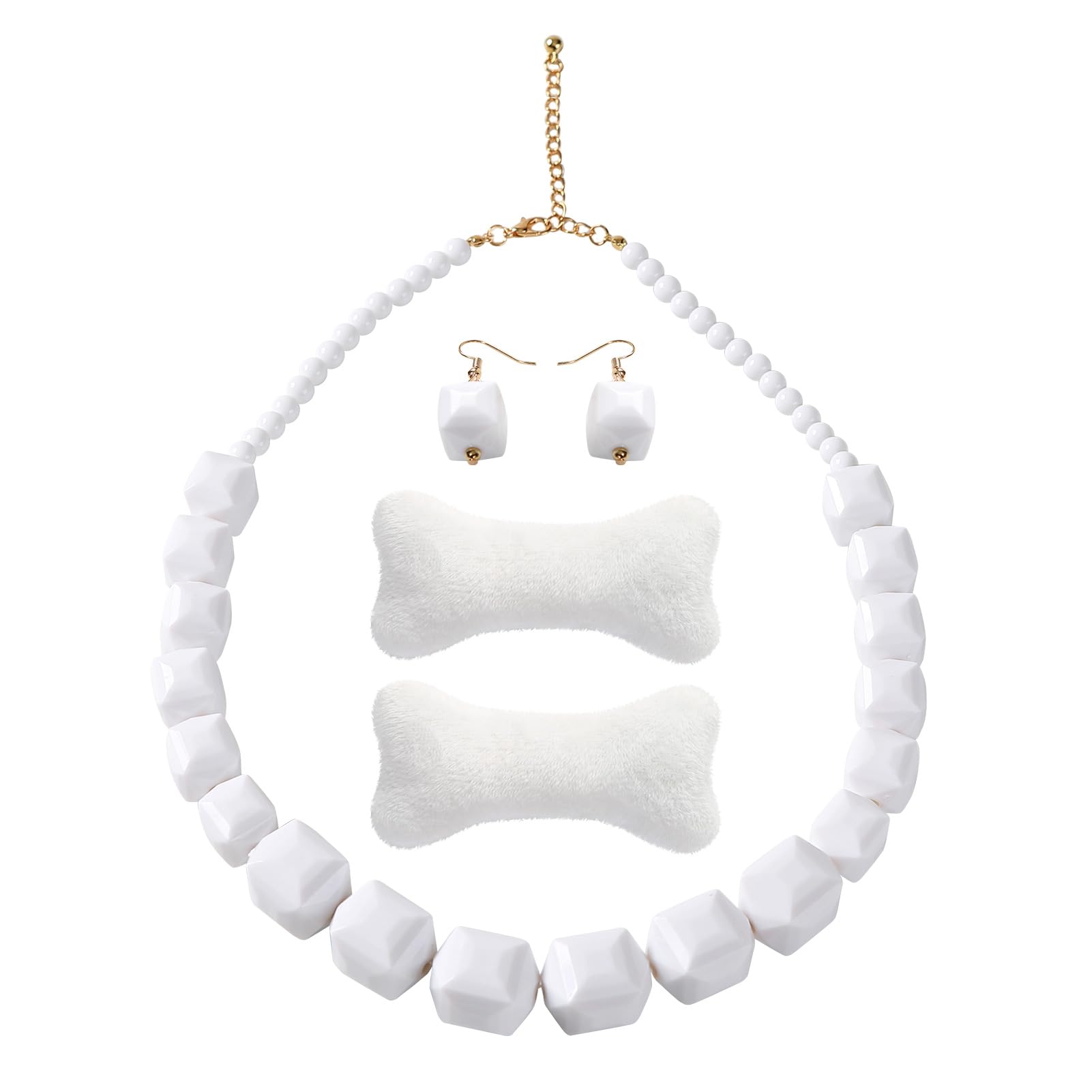 Cumwoen Women Costume Accessory Set with White Bead Necklace Earrings Skeleton Bone Hair Clips Halloween Cave Cosplay Party Supplies for Wilma Pebble Flintstone