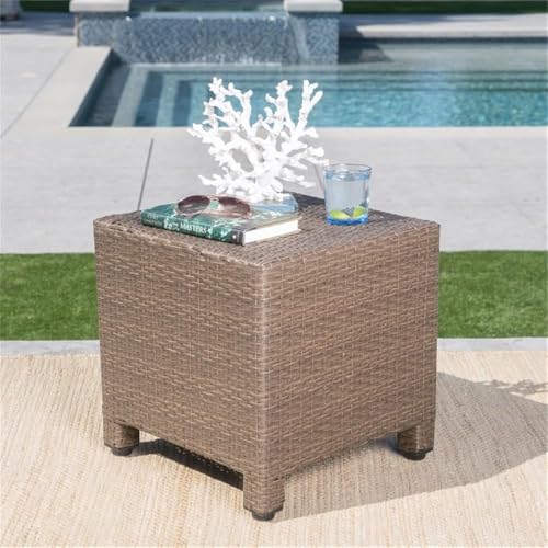 Noble House Puerta Outdoor Wicker Side Table in Light Brown