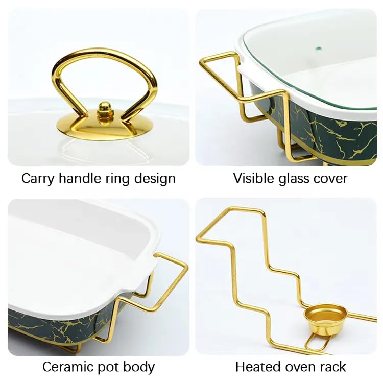 HONHPD 3PCS Rectangular Porcelain Casserole Warming Trays for Food, Ceramics Chafers, and Buffet Warmers Sets, Ceramics Chafing Dish Buffet Set, Green Marble Finish (11inch.13inch.15inch)