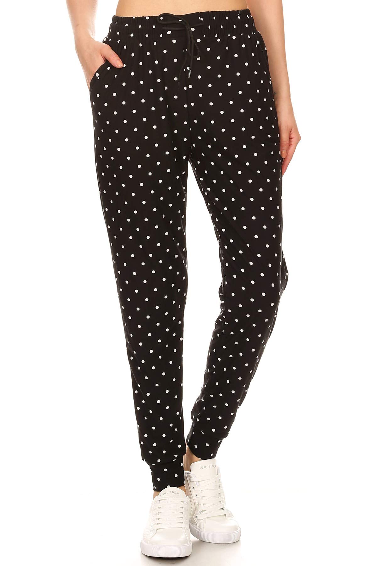 Leggings Depot Women's Relaxed fit Jogger Pants - Track Cuff Sweatpants with Pockets-R885, Medium, Polka Dots
