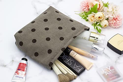 PAZIMIIK Makeup Bag Large Zipper Corduroy Make Up Pouch for Purse Travel Canvas Cosmetic Organizer for Women Brush Storage,Polka Dot Grey