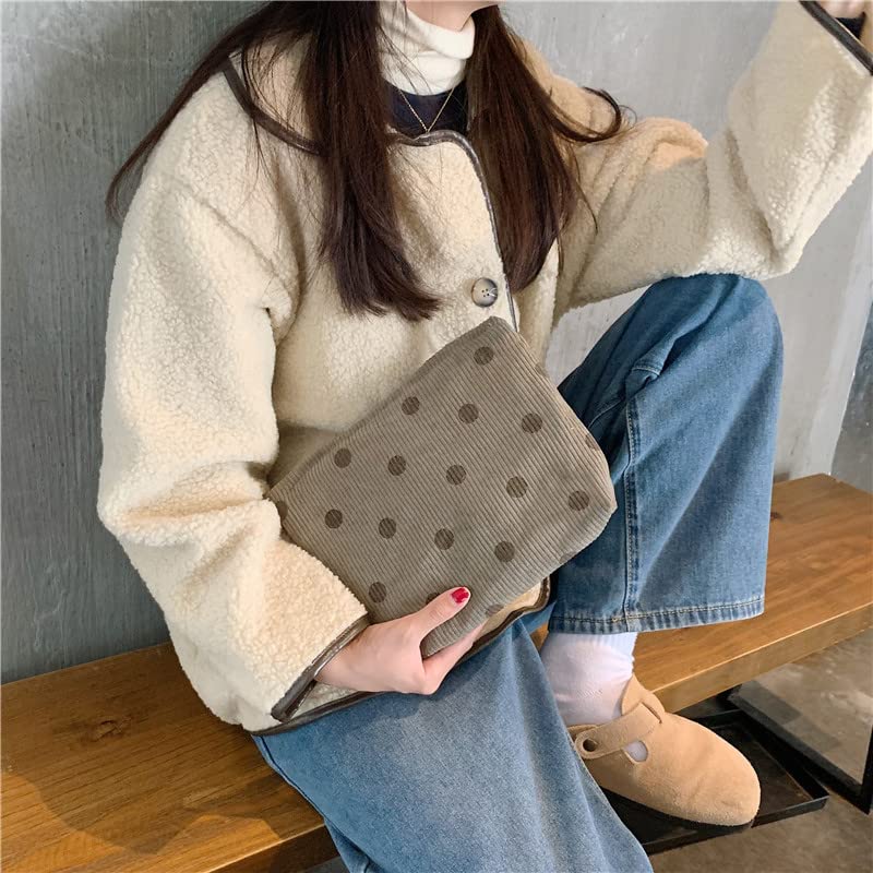PAZIMIIK Makeup Bag Large Zipper Corduroy Make Up Pouch for Purse Travel Canvas Cosmetic Organizer for Women Brush Storage,Polka Dot Grey