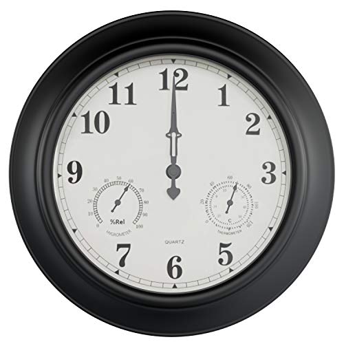 Pure Garden Thermometer 18" Metal Indoor/Outdoor Patio Wall Clock Black
