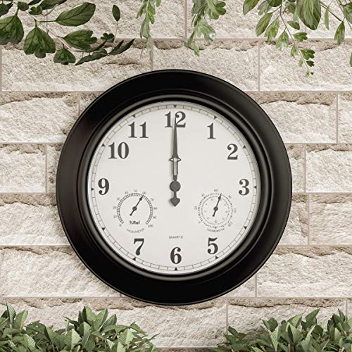Pure Garden Thermometer 18" Metal Indoor/Outdoor Patio Wall Clock Black
