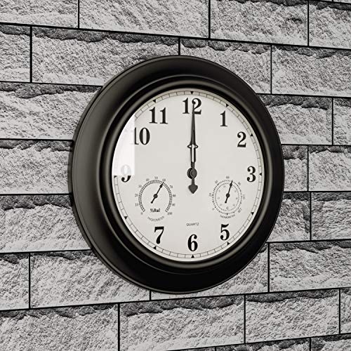 Pure Garden Thermometer 18" Metal Indoor/Outdoor Patio Wall Clock Black
