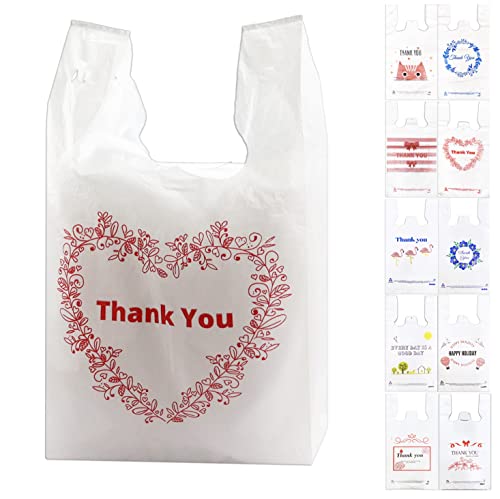 Plastic Shopping Bags, Thank You bags, Reusable and Disposable Grocery Bags, Standard Size Supermarket Bags 11x6x21 100 Pieces (Flower Heart)