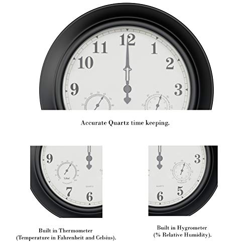 Pure Garden Thermometer 18" Metal Indoor/Outdoor Patio Wall Clock Black