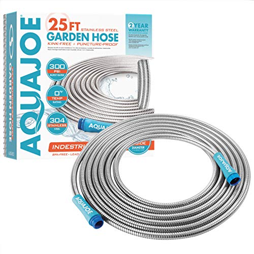 Aqua Joe AJSGH25 1/2-Inch Heavy-Duty, Puncture Proof Kink-Free, Spiral Constructed 304-Stainless Steel Metal, Garden Hose, 25-Foot