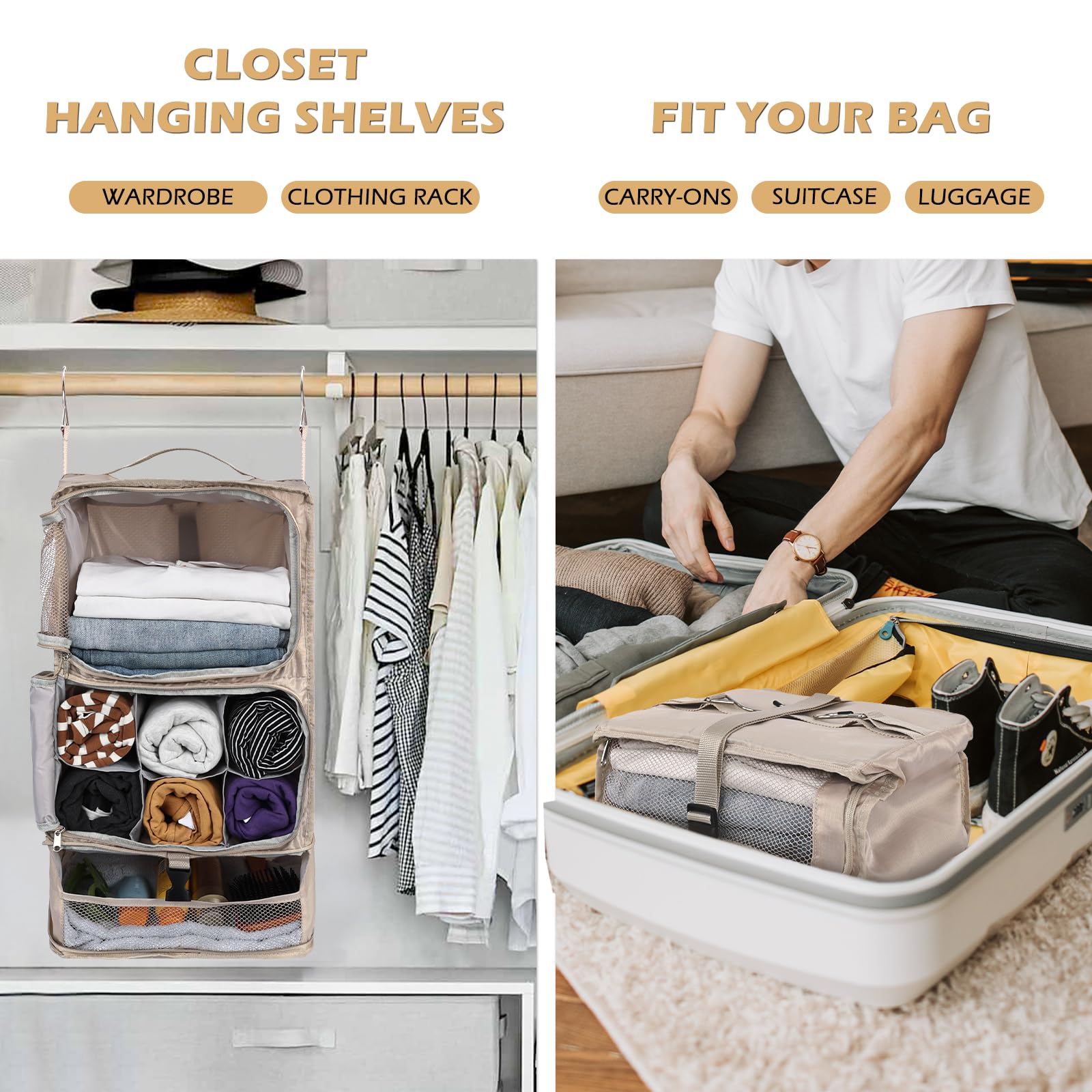 Surblue Hanging Shelves Travel Compression Packing Cube for Carry-on Luggage Suitcase Collapsible Transformable Garment Closet Organizers Large Capacity, Beige, XL