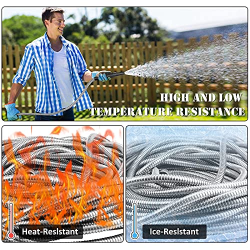 100ft Garden Hose Made by Metal with Super Tough and Soft Water Hose, Household Stainless Steel Hose, Durable Metal Hose with Adjustable Nozzle, No Kinks and Tangles, Easy to Store with Storage Strap