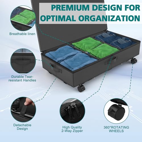 JIYINGDUO Upgraded Under Bed Storage with Wheels 2-in-1 Underbed Storage Bins Containers Label Shoe Storage Organizer Drawer Bag Solid Fabric for Bedroom Clothes Shoe Blanket (double black)