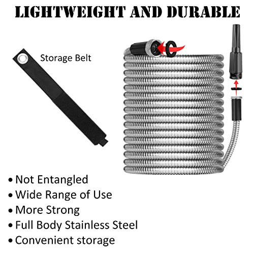 100ft Garden Hose Made by Metal with Super Tough and Soft Water Hose, Household Stainless Steel Hose, Durable Metal Hose with Adjustable Nozzle, No Kinks and Tangles, Easy to Store with Storage Strap