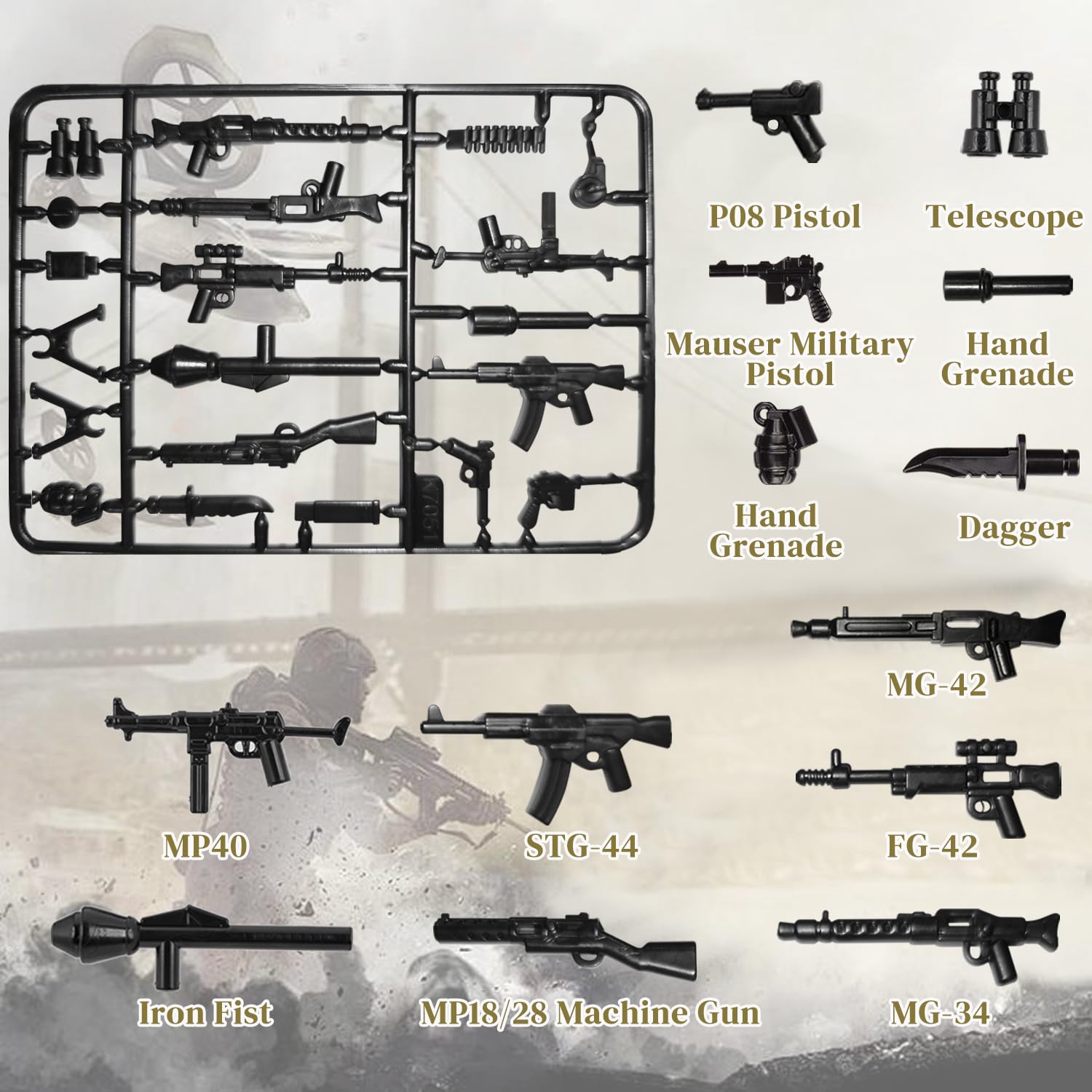 VICVIK Weapons Pack Military Weapons Accessories WWII Soldier Model Toys Military Equipment Battle Blocks Bricks Children's Toys, Compatible with Mini Figure Brick Toy for Boys Age 3+