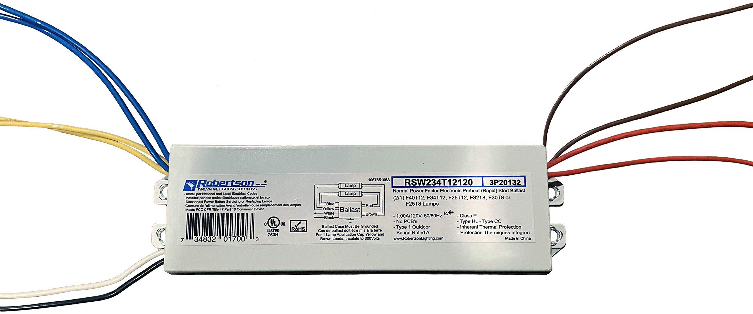 Robertson 2P20132 Quik-Pak of 10 Fluorescent eBallasts for 2 F40T12 Linear Lamps, Preheat Rapid Start, 120Vac, 50-60Hz, Normal Ballast Factor, NPF, Model RSW234T12120 /A