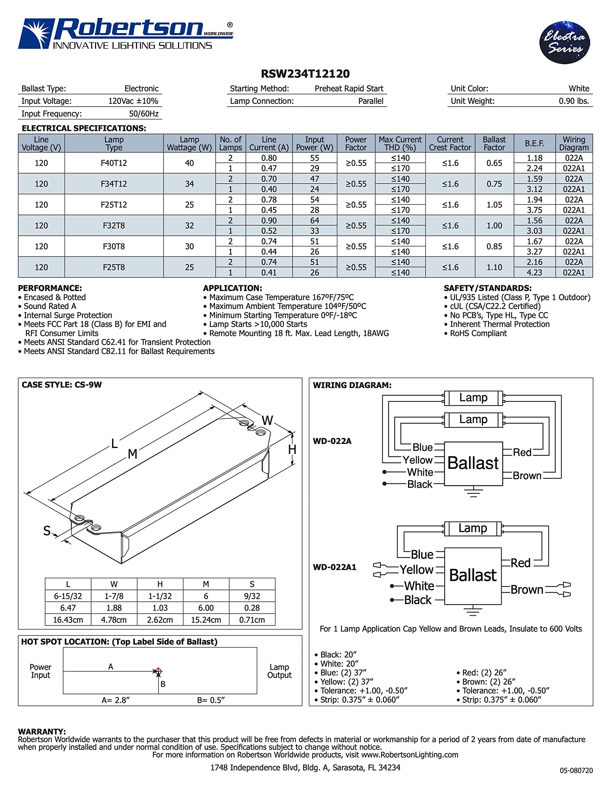 Robertson 2P20132 Quik-Pak of 10 Fluorescent eBallasts for 2 F40T12 Linear Lamps, Preheat Rapid Start, 120Vac, 50-60Hz, Normal Ballast Factor, NPF, Model RSW234T12120 /A