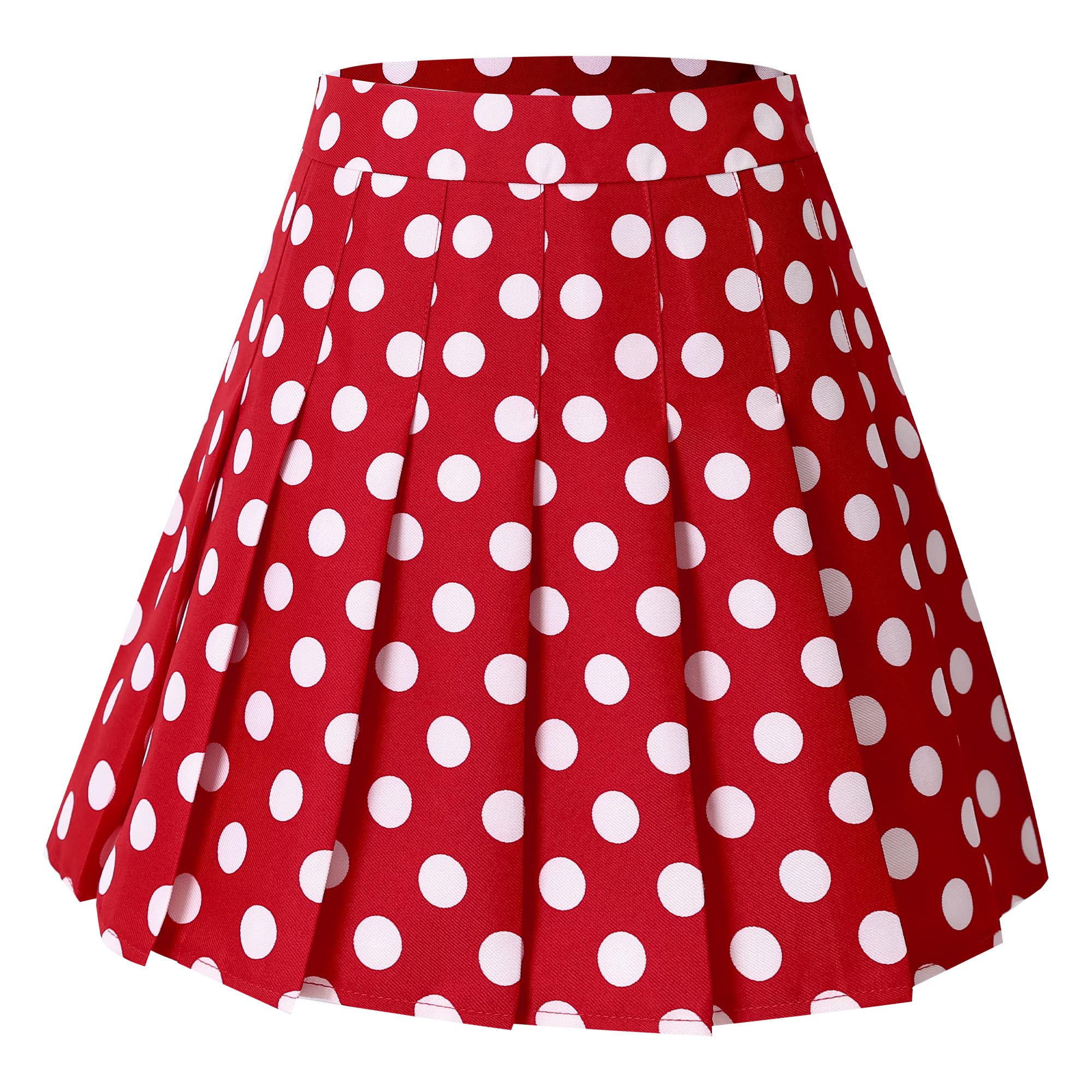 Hoerev Red White Polka Dot Mini Plaid Pleated Skater Tennis School Uniform Skirt with Lining Shorts,US 4