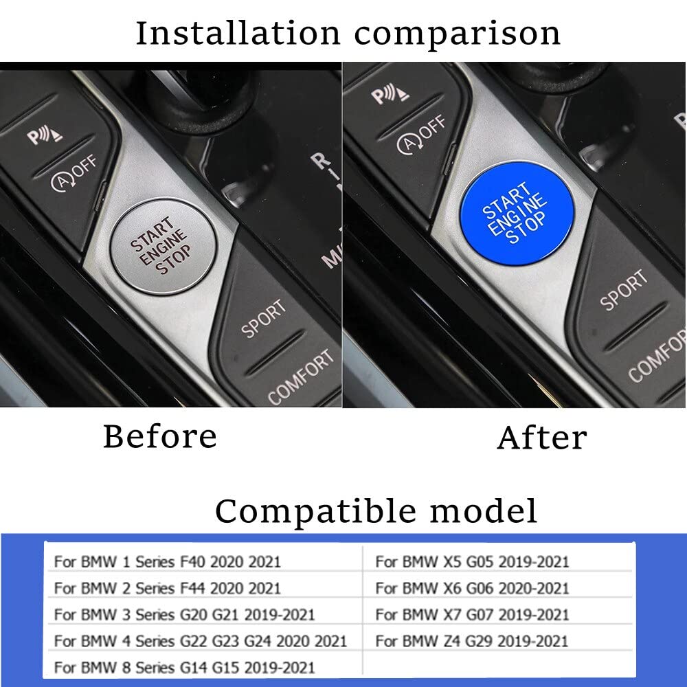 CHEYINGCHIDIY Blue Car Engine Start Stop Switch Ignition Button Cover Replacement Compatible with BMW 1 2 3 4 8 X5 X6 X7 Z4 Series F40 F44 G20 G22 G14 G05 G06 G29