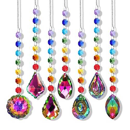 7Pieces Colorful Crystals Suncatcher Hanging Sun Catcher with Chakra Beads Chain Pendant Ornament Crystal Prisms for Window Home Garden Christmas Day Party Wedding Decoration