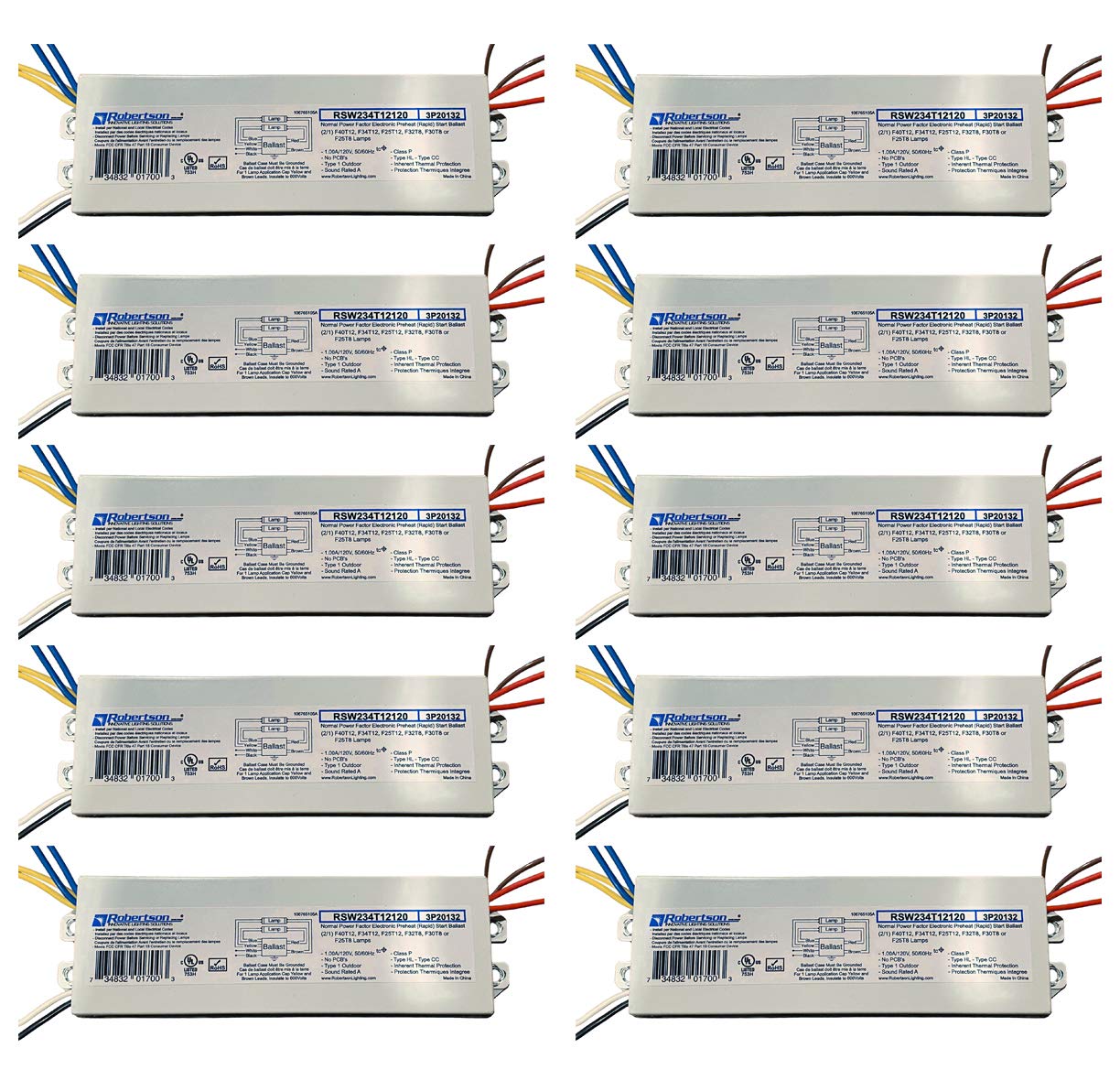 Robertson 2P20132 Quik-Pak of 10 Fluorescent eBallasts for 2 F40T12 Linear Lamps, Preheat Rapid Start, 120Vac, 50-60Hz, Normal Ballast Factor, NPF, Model RSW234T12120 /A