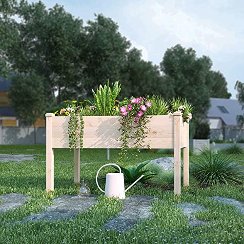 BIRASIL Outdoor Raised Garden Bed, Wood Planter Box for Vegetable Flower, Elevated Reinforced Large Garden Planters Boxes for Backyard Patio Gardening Balcony (48.5”L, Natural Wood)