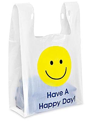 100 Premium Large T-shirt bags by Inevitable 11x7x21" ("Have A Happy Day" Smiley Face)