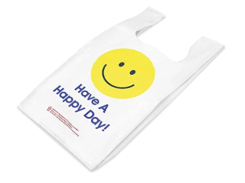 100 Premium Large T-shirt bags by Inevitable 11x7x21" ("Have A Happy Day" Smiley Face)