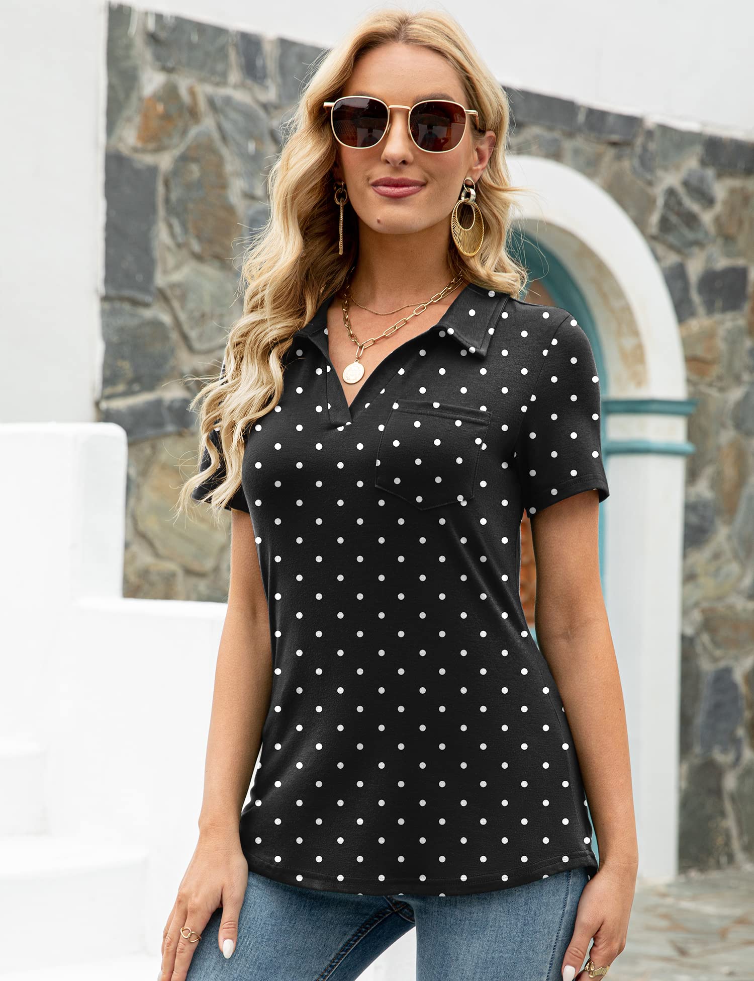 Black Collared Shirts for Women V Neck Golf Polos Short Sleeve Tunic Tops Business Casual Blouse Office Polka Dot L