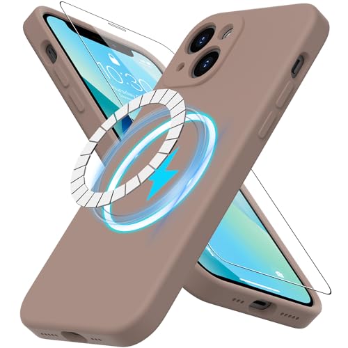 DEENAKIN for iPhone 13 Mini Case Silicone with Screen Protector - [Compatible with MagSafe] - Camera Protection - Slim Fit Protective Magnetic Phone Cover 5.4" for Men Women Girls - Light Brown