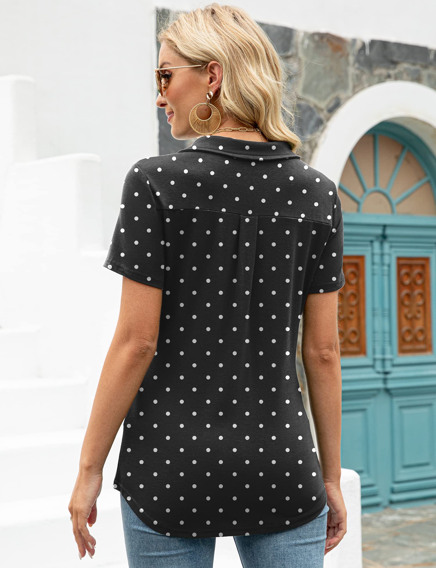 Black Collared Shirts for Women V Neck Golf Polos Short Sleeve Tunic Tops Business Casual Blouse Office Polka Dot L