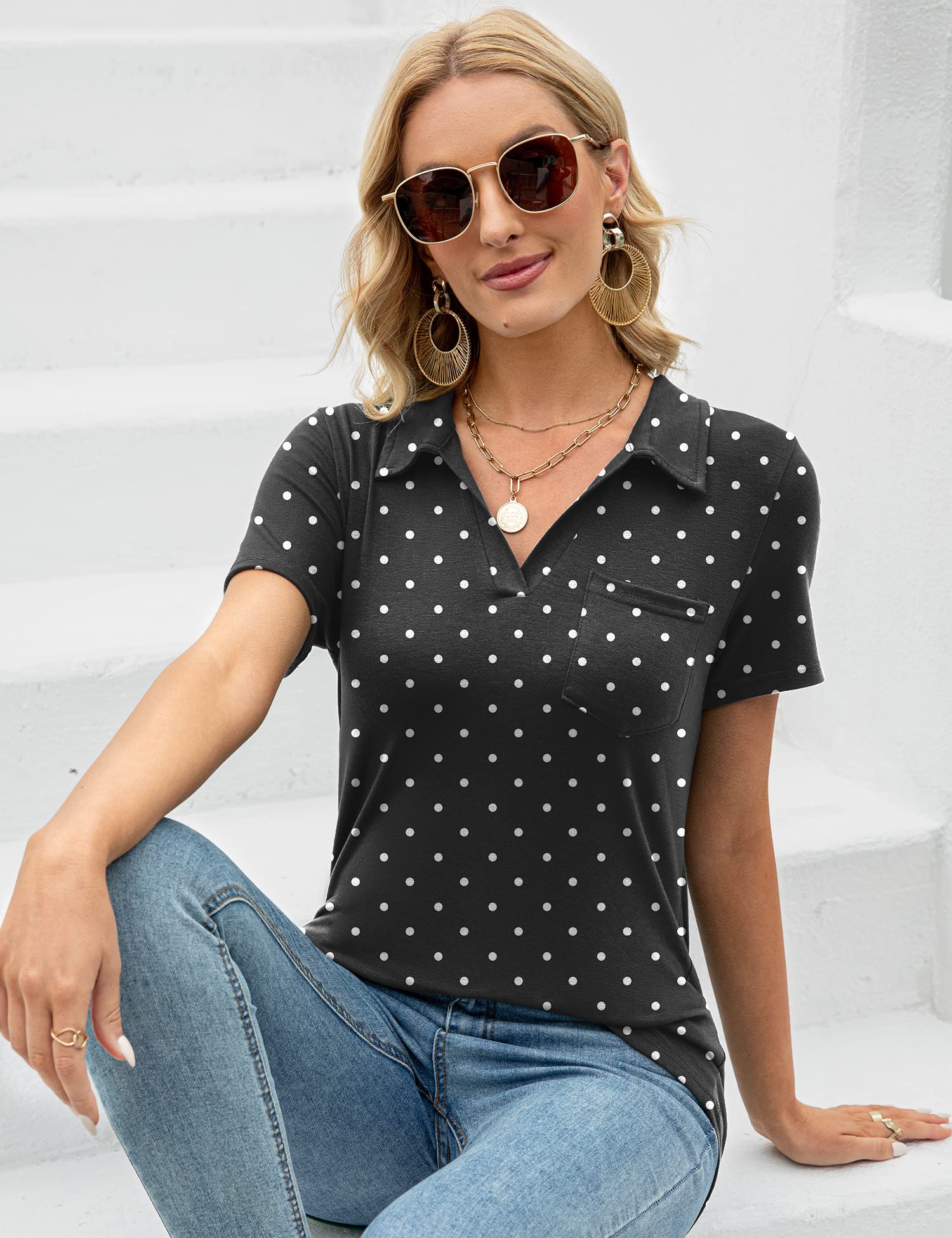 Black Collared Shirts for Women V Neck Golf Polos Short Sleeve Tunic Tops Business Casual Blouse Office Polka Dot L