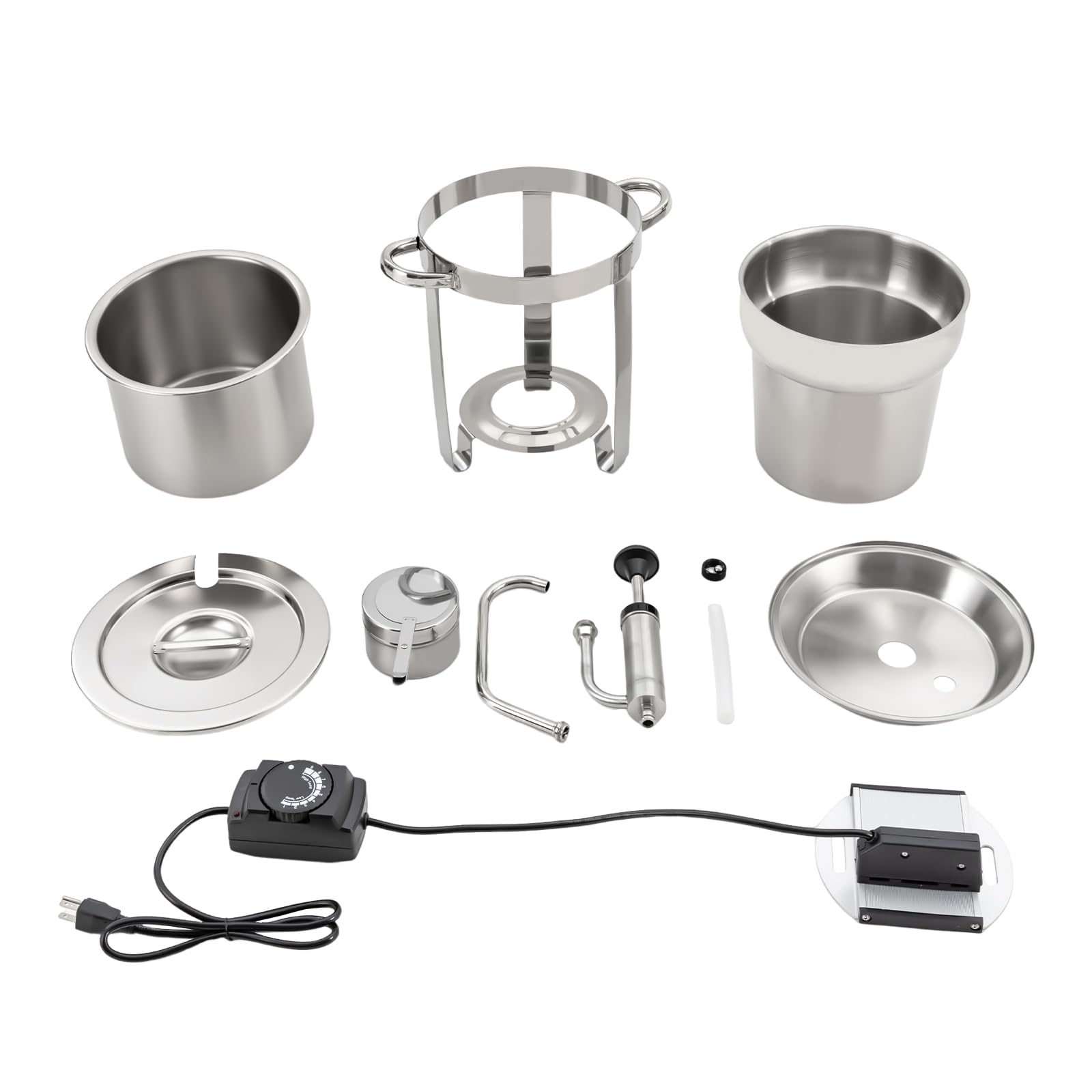 BANLICALI 7L Soup Chafer, 400W Stainless Steel Soup Pot with Electric Heating Plate and Pump, Round Soup Chafer for Catering Parties Events Wedding Silver Adjustable Temperature 50-85℃
