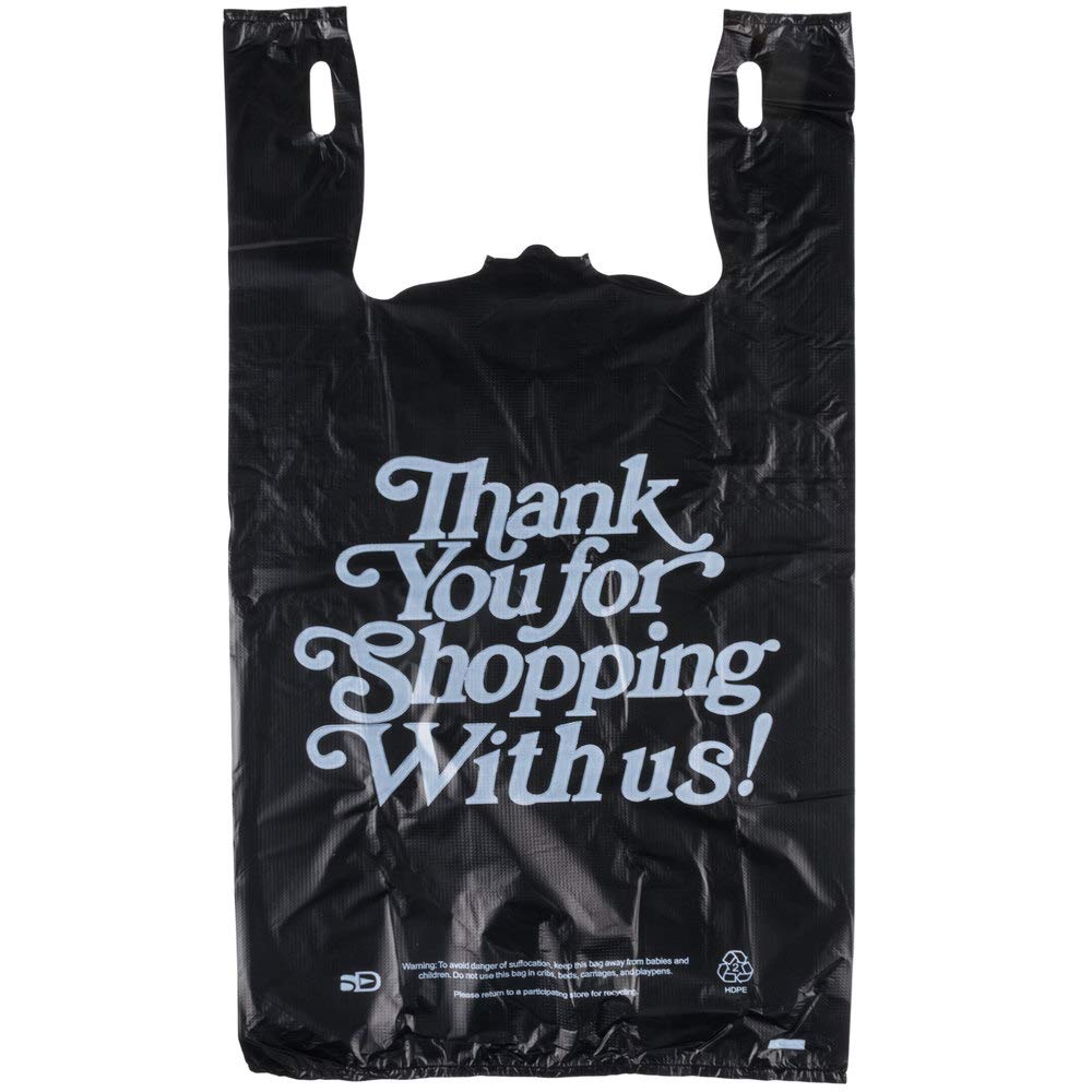 AME D'ESSENCE (1300 PCS) 1/10 Reusable Plastic Bags Thank You T-Shirt Grocery Black Bags Small Liquor Size Shopping Bags (8" X 4" X 16")