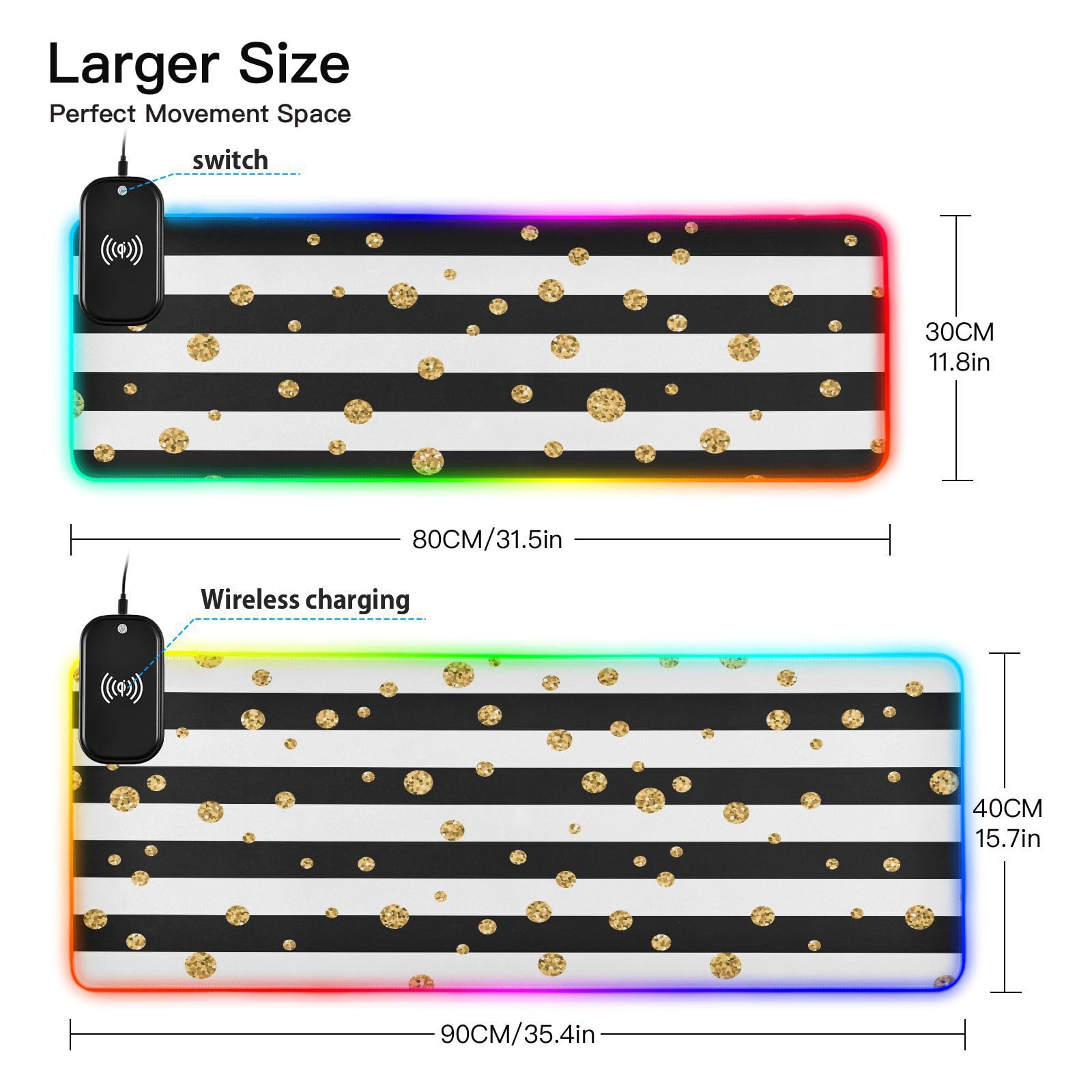 Gold Polka Dot on Lines Wireless Charging Mouse Pad for Mobile Phone Extra Large Gaming Mousepad with 13 Lighting Modes Keyboard Mat for MacBook PC Laptop Desk Office Home Gaming