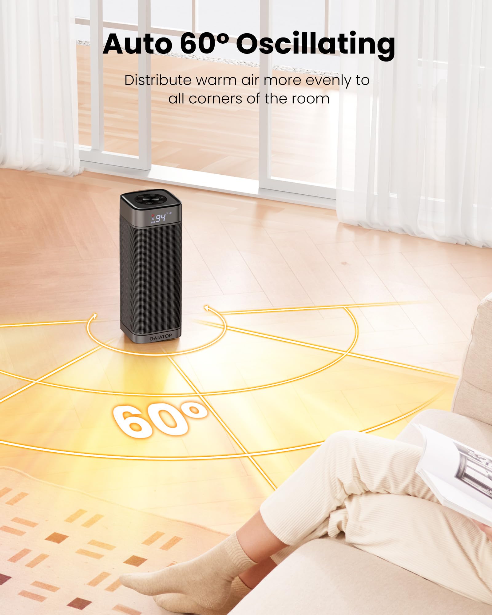 GAIATOP Space Heaters for Indoor Use, 1500W Portable Electric Heater, Quiet PTC Ceramic Heat with Thermostat, 5 Modes, Remote, 60° Oscillating, 12Hrs Timer, Powerful Wind for Bedroom Office Home