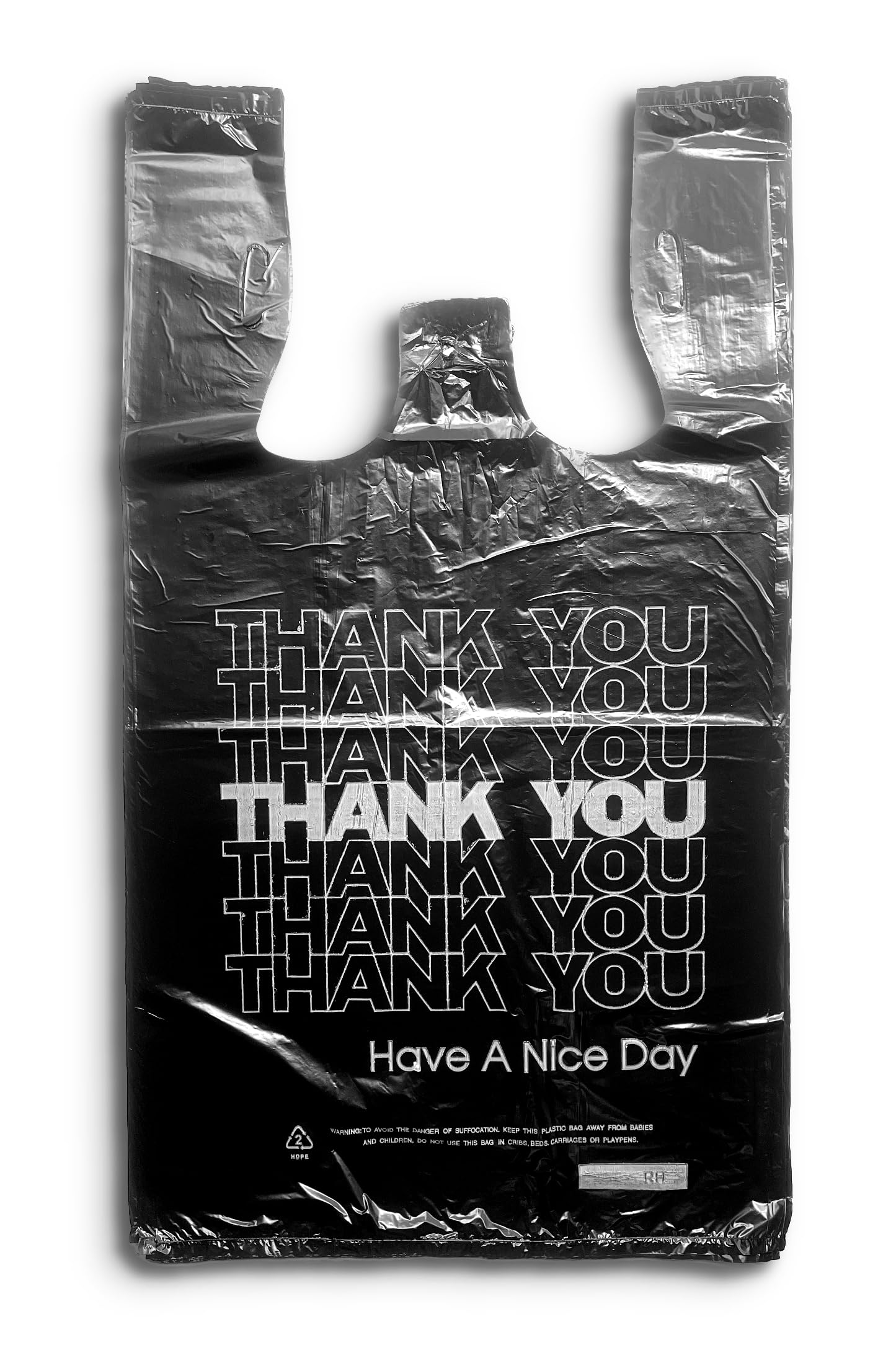ROYALNA 100ct (12" x 6.5" x 21") Plastic T shirt Grocery shopping bags Reusable and Disposable for Restaurants, Convenience Stores, (Black/White Thank you, 100)
